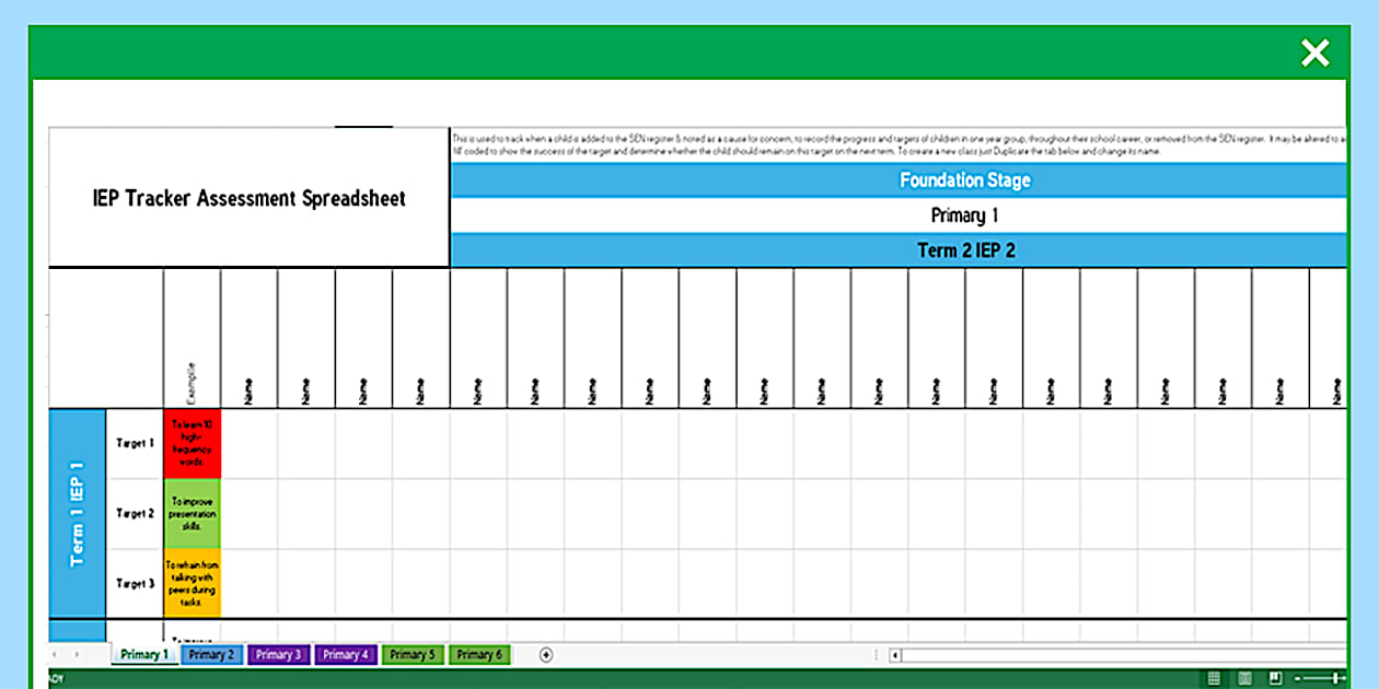 IEP Tracker Assessment Spreadsheet - SEN Documents - Twinkl