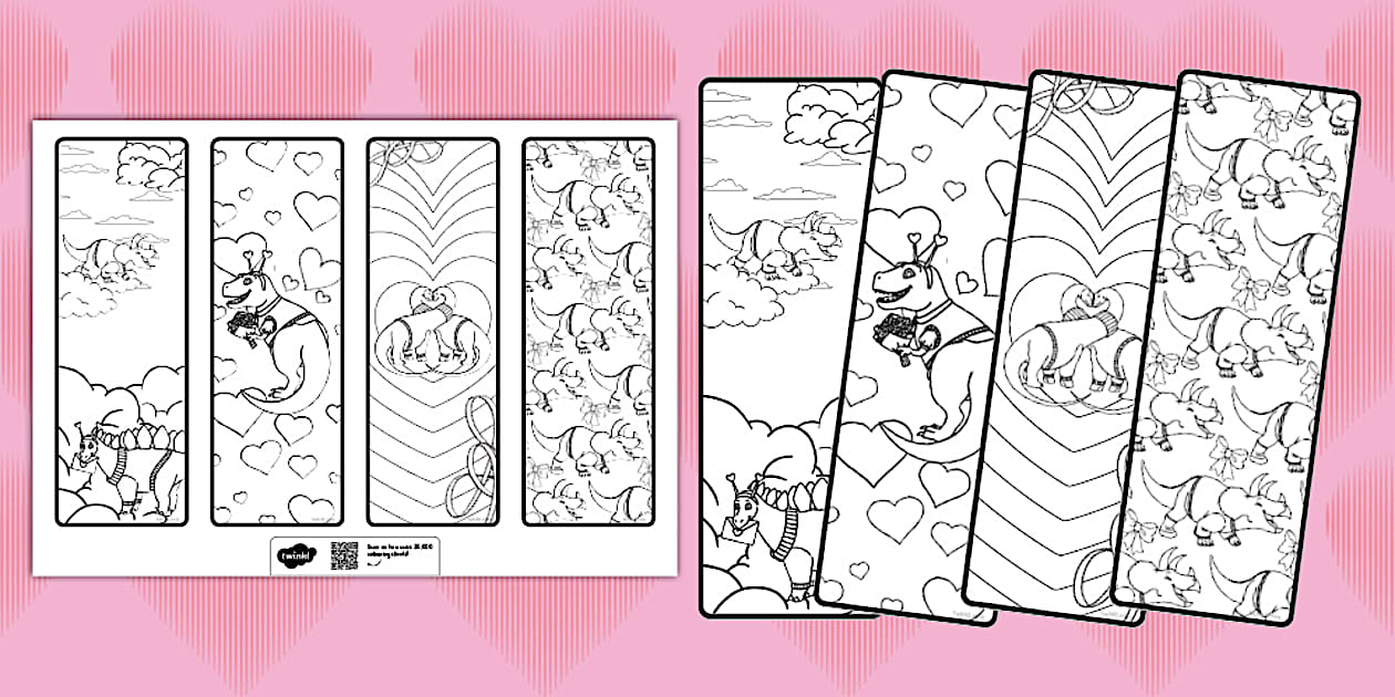 Valentine's Day Dinosaurs Colouring Bookmarks (teacher made)