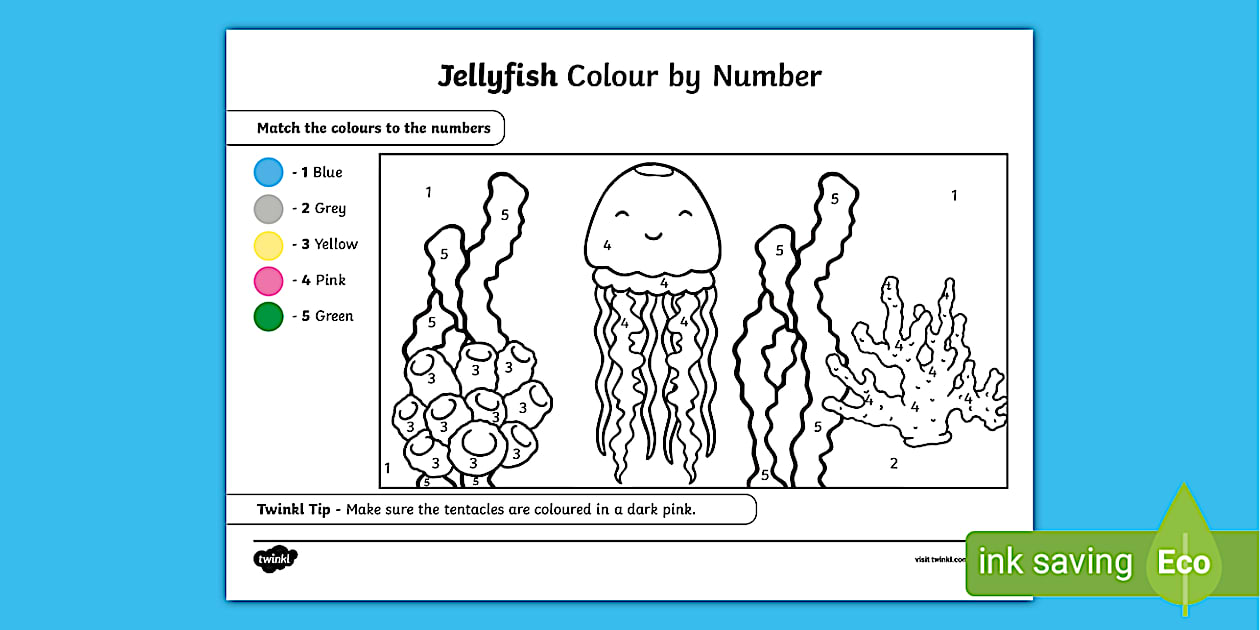 Jellyfish Colour-by-Number Page | Twinkl | Colour Matching