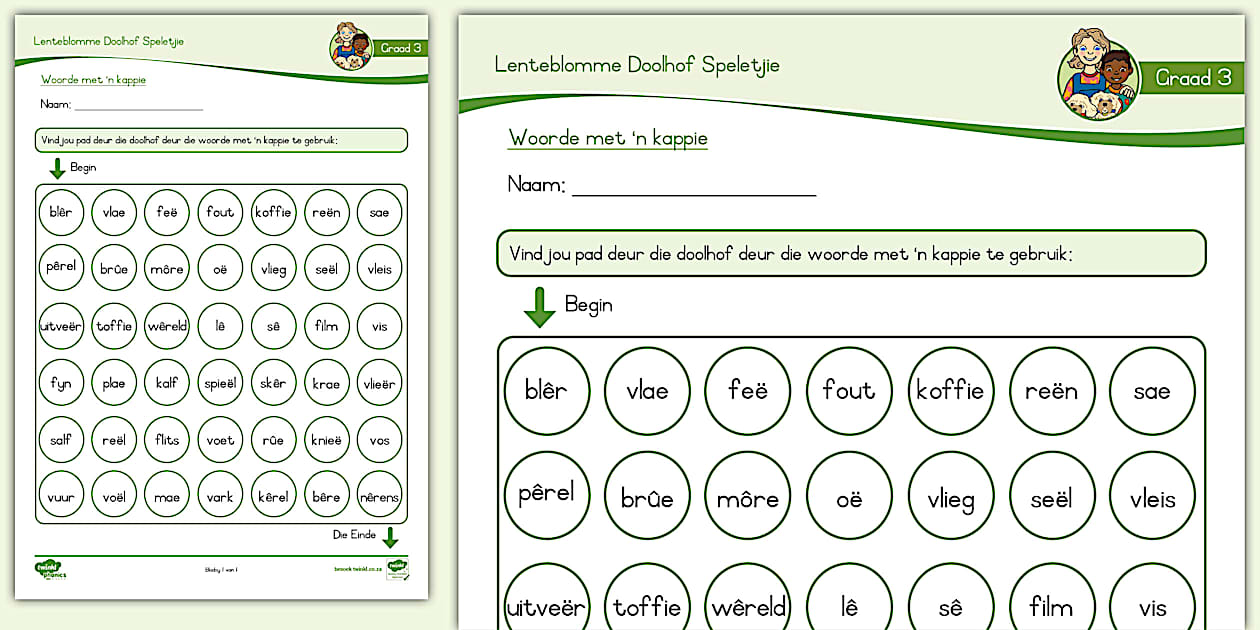 FREE! - Graad 3 Klanke Woorde met 'n Kappie Drukbare Speletjie