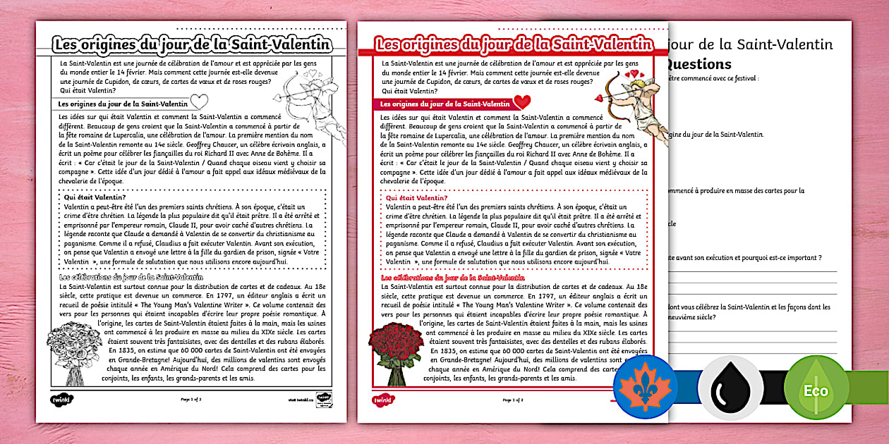 The Origins of Valentine's Day Reading Comprehension French