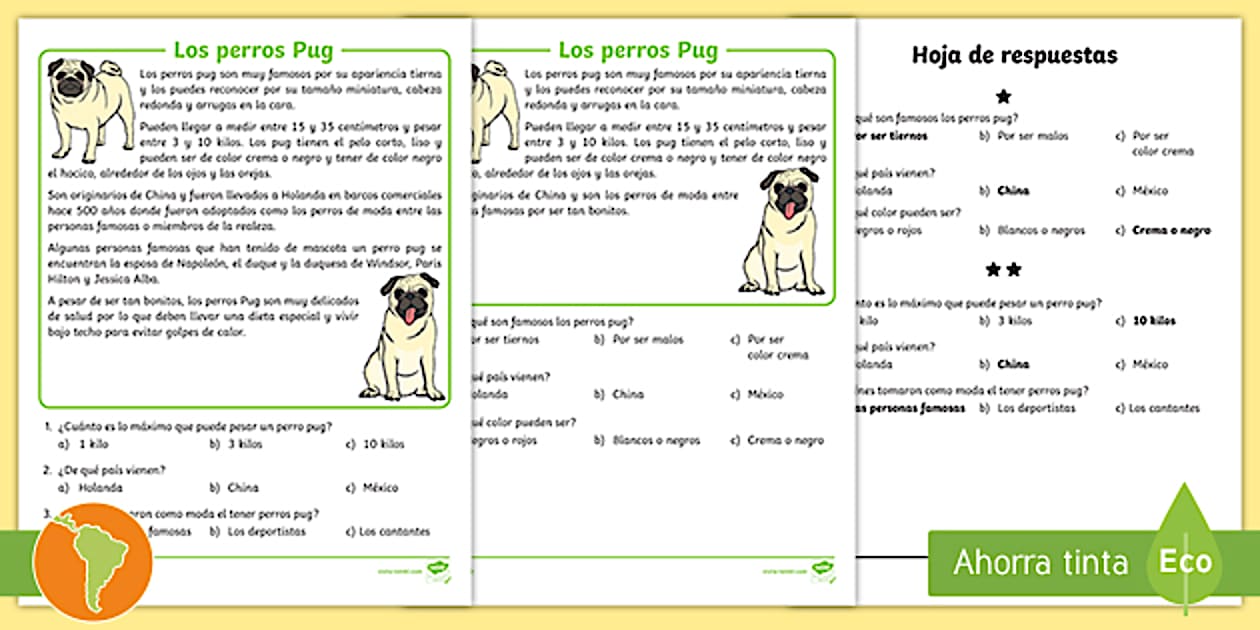 Comprensión lectora: Perros pug- Guía de trabajo - Twinkl