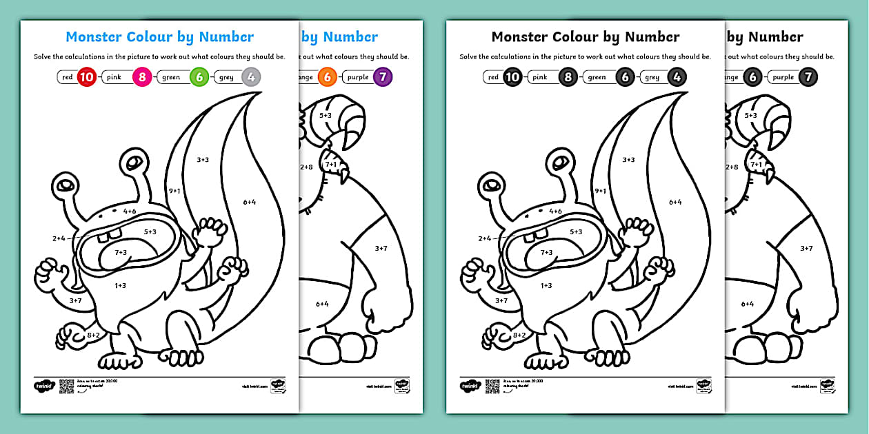 Monsters Color by Number Addition up to 10 Worksheet / Worksheets