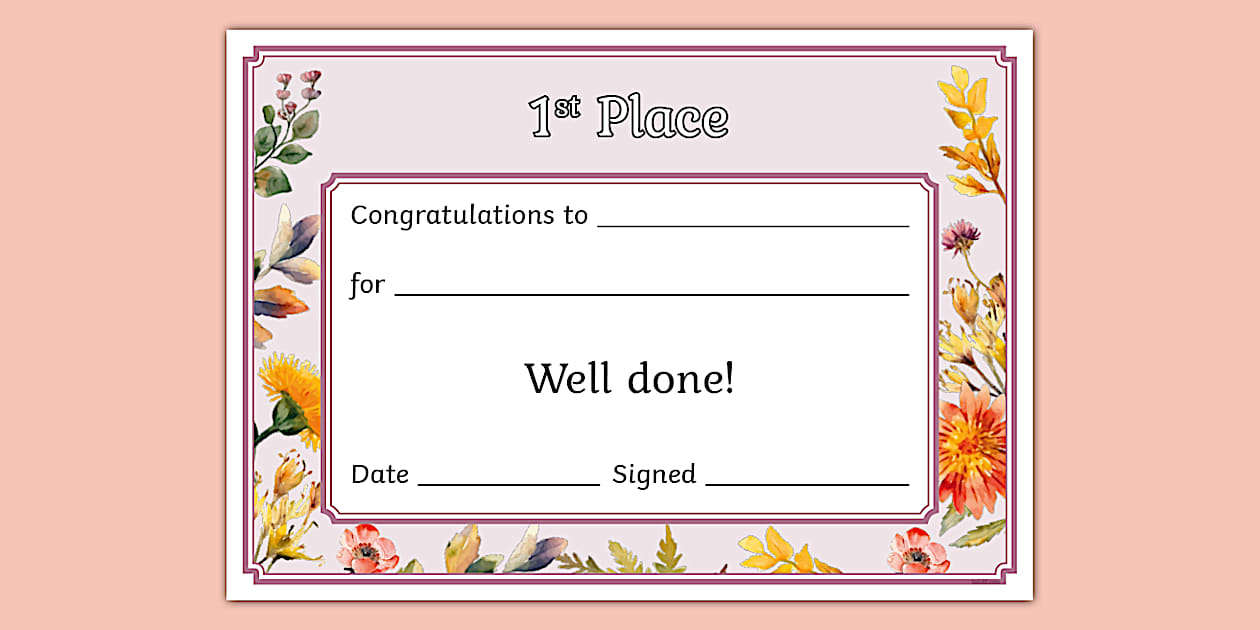 Wildflower Botanical Theme First Place Certificate - Twinkl