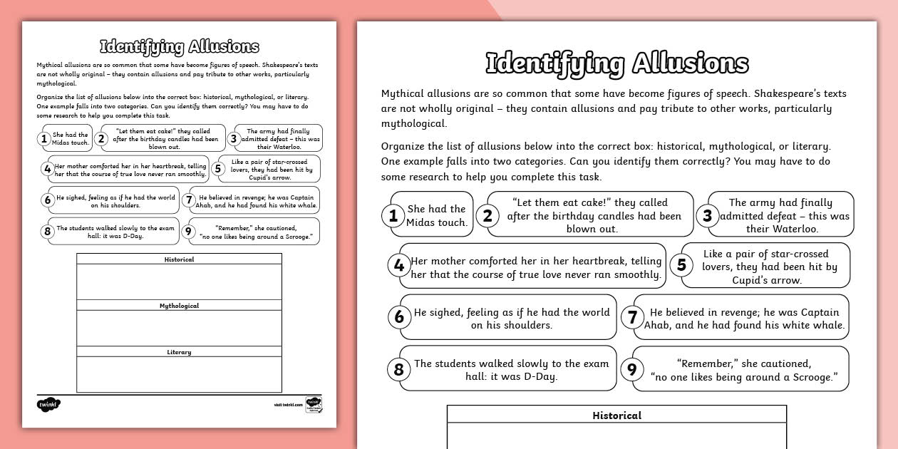 Seventh Grade Identifying Allusions Worksheet (Teacher-Made)