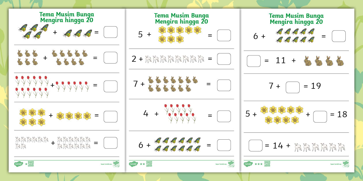 Lembaran Kerja Tema Musim Bunga Mengira hingga 20 - Twinkl