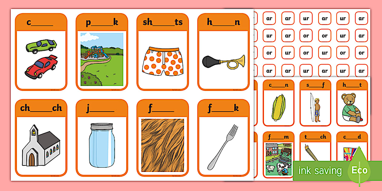 Phase 3 Digraphs or, ar and ur Peg Matching Game - Twinkl