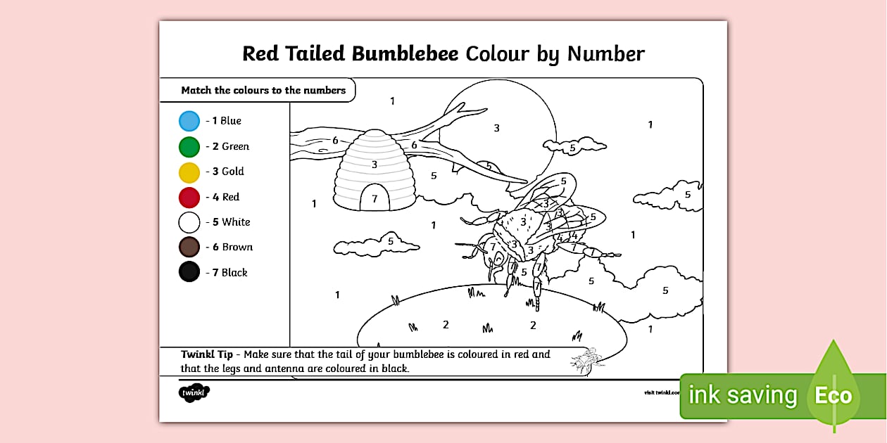 Red Tailed Bumblebee Colour-by-Number | Twinkl | KS1