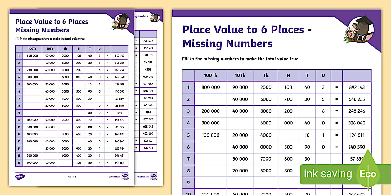 Place Value to 6 Places - Missing Numbers (teacher made)