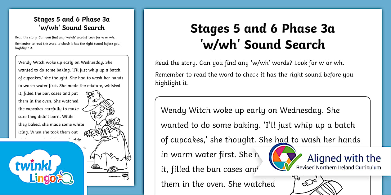 Northern Ireland Linguistic Phonics 3a 'w/wh' Sound Search Worksheet