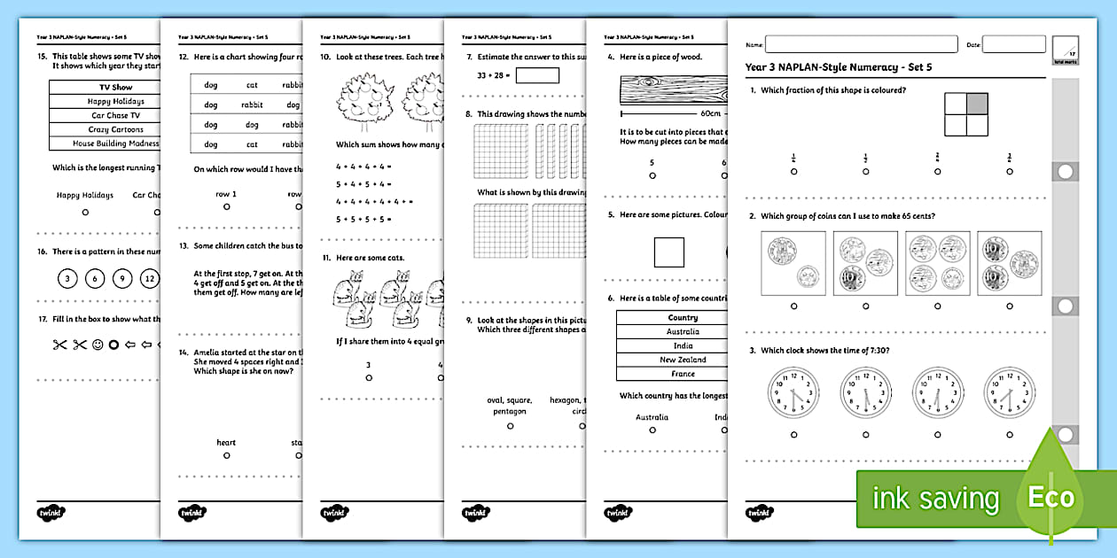 NAPLAN Style Numeracy Year 3 Example Test Set 5 Exam Questions Pack