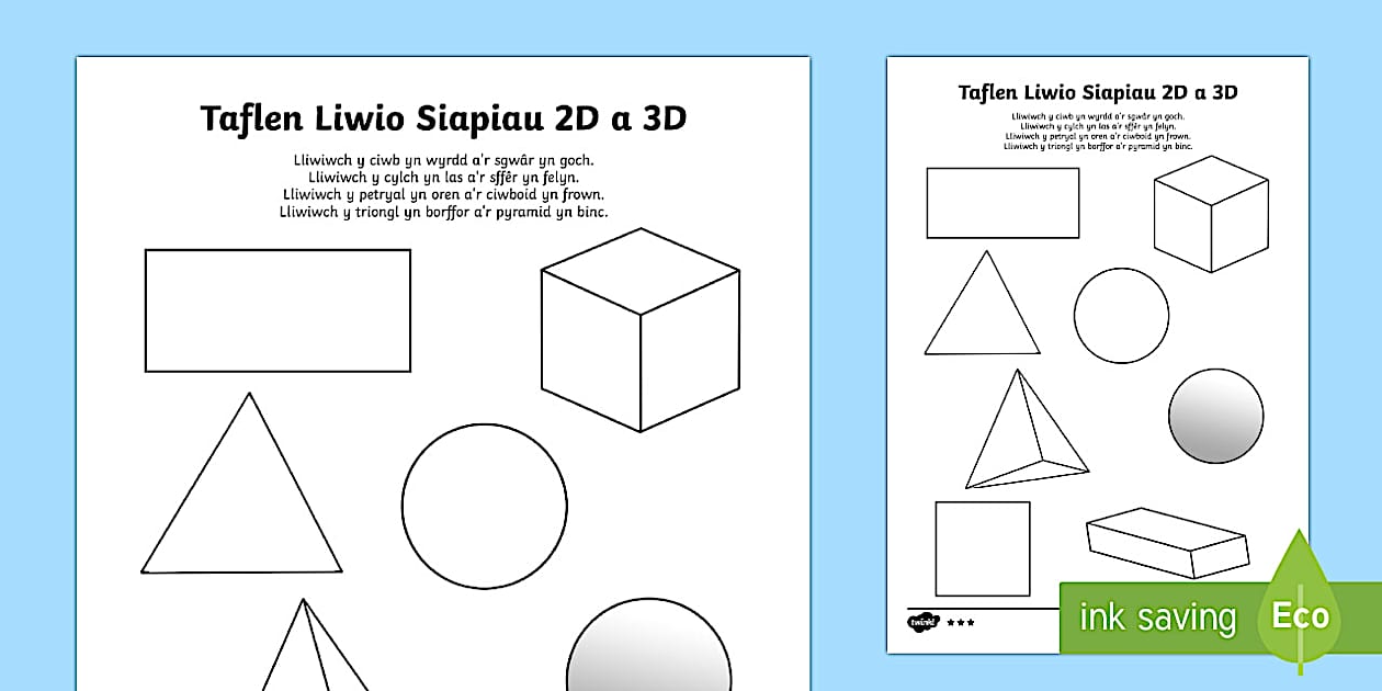 Taflenni Lliwio Siapiau 2D a 3D (teacher made) - Twinkl