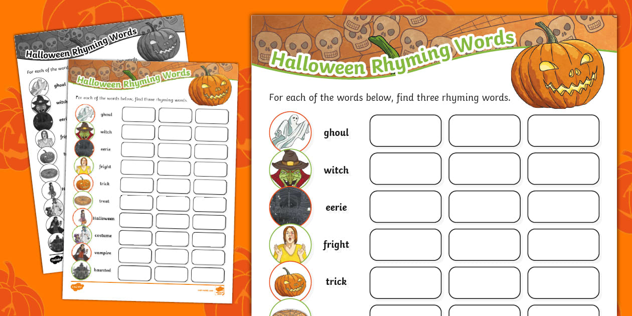 KS2 Halloween Three Rhyming Words Worksheet - Twinkl