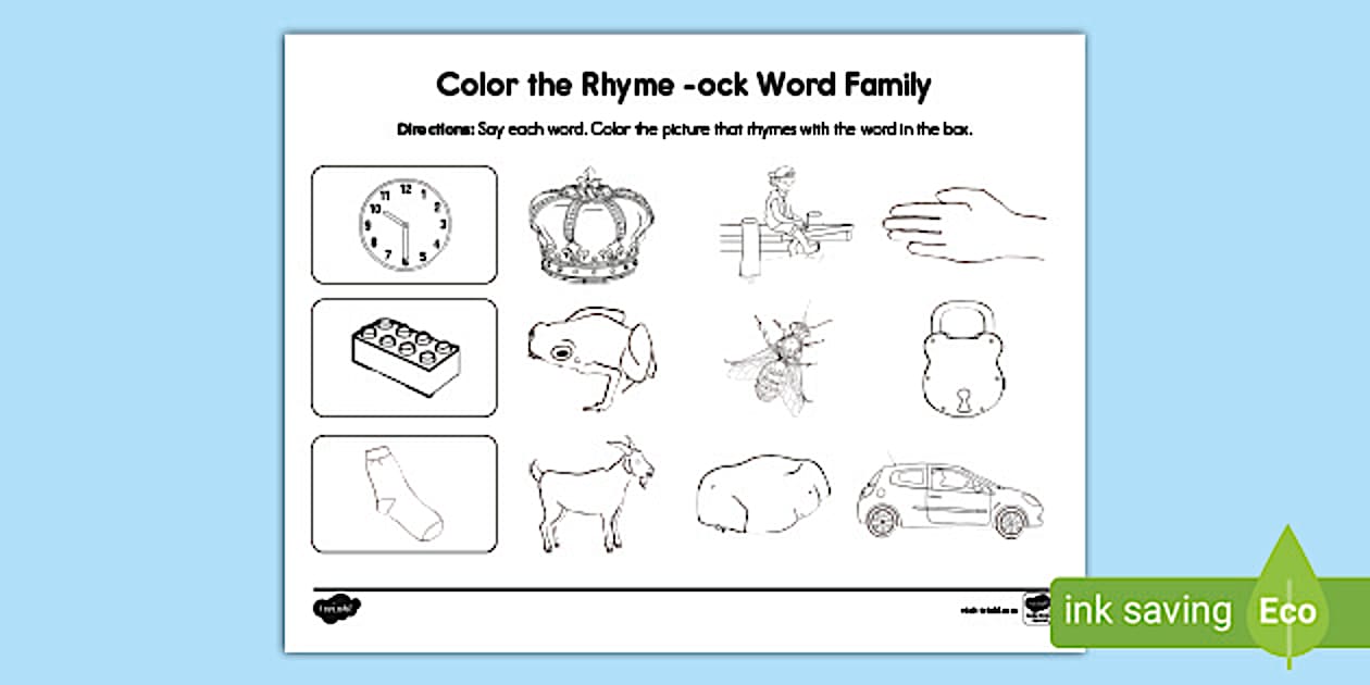 Color the Rhyme -ock Word Family Worksheet (teacher made)