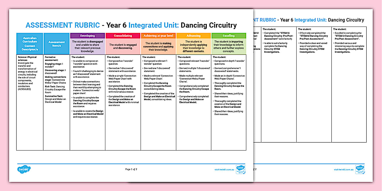 STEM IU Yr 6 Dancing Circuitry Assessment Rubric - Twinkl