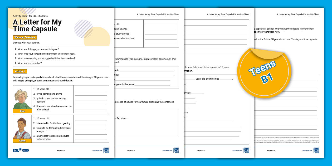 ESL A Letter for My Time Capsule Activity Sheet [Teens, B2] - Twinkl