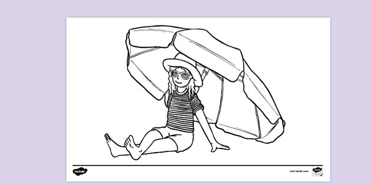 Child Under Beach Umbrella | Colouring Sheets - Twinkl
