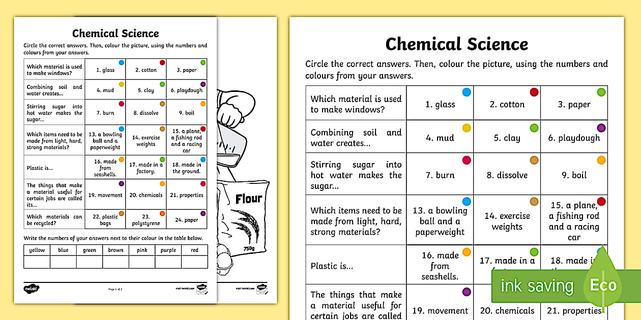 Year 2 Chemical Science Questions and Colouring Worksheet / Worksheets