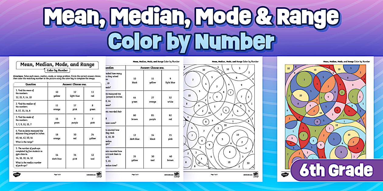 Sixth Grade Mean, Median, Mode, and Range Color by Number