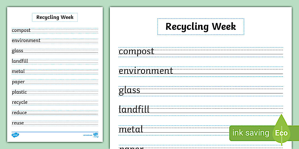 Recycling Week Handwriting Practice, Recycling - Twinkl