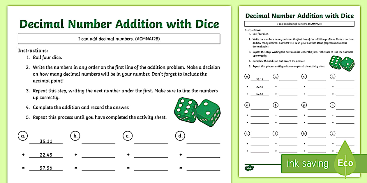 Decimal Number Addition with Dice {Worksheet} - Twinkl