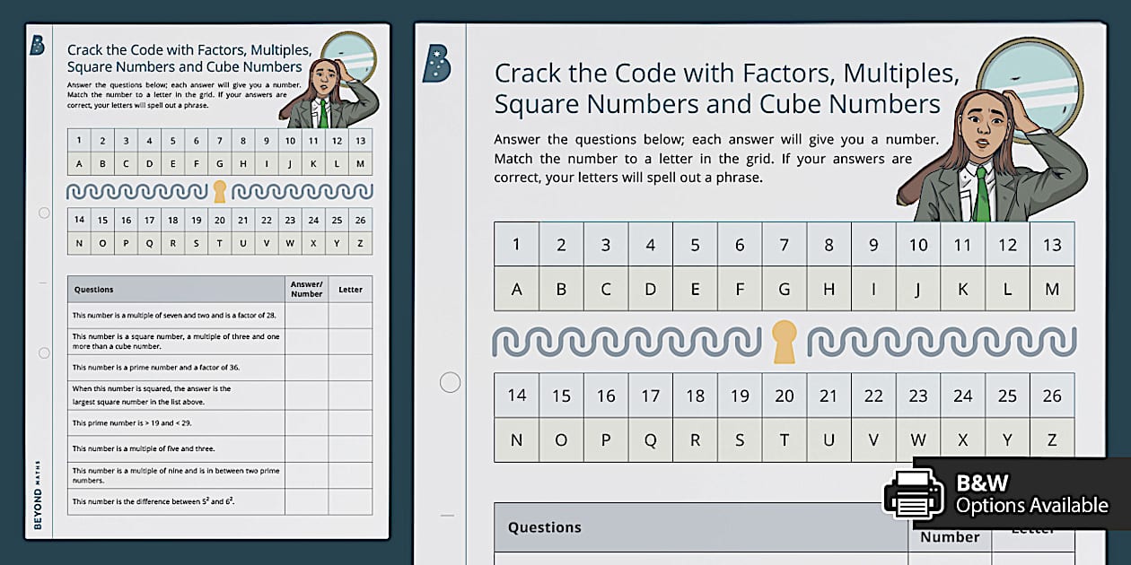 Crack the Code with Square, Cube, Factors and Multiples Worksheet