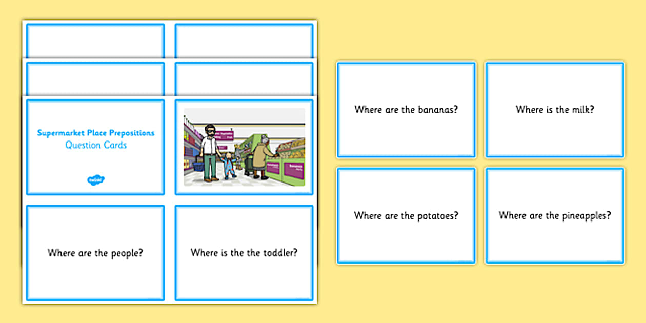 Editable Supermarket Place Prepositions Question Cards