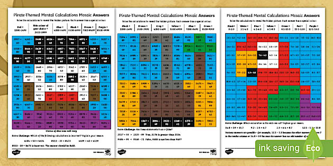 Editable UKS2 Pirate-Themed Mental Calculations Maths Differentiated Mosaic