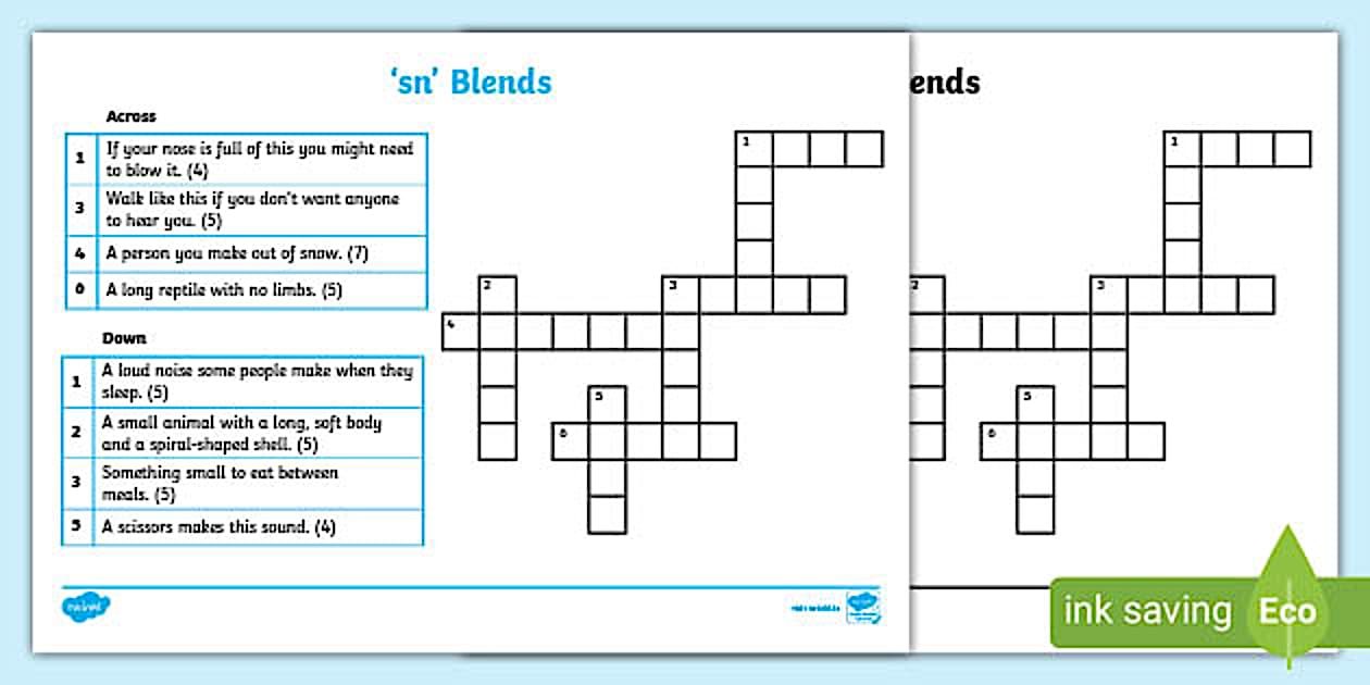 sn blends crossword, 1st/2nd class phonics, consonant blends