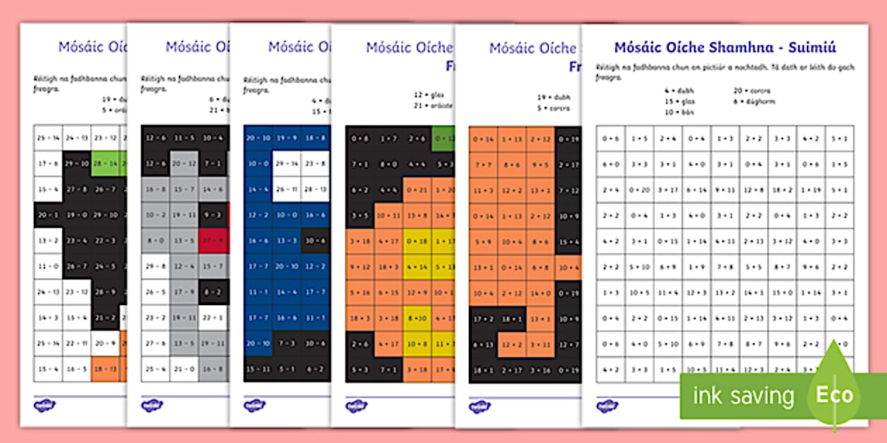 Halloween Addition Subtraction Mosaics - Gaeilge - Twinkl