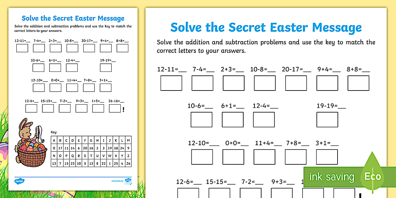 Easter Addition and Subtraction Secret Message Worksheet