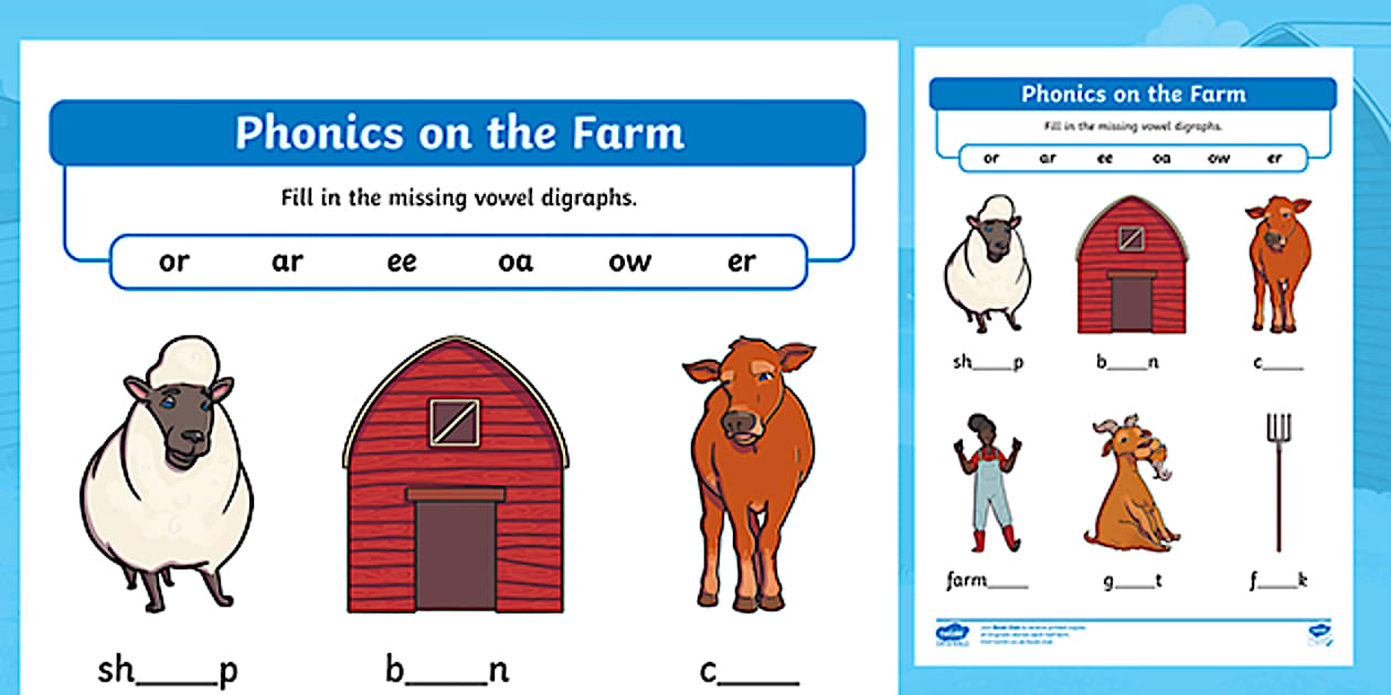 Editable Phonics on the Farm Phase 3 Vowel Digraphs Worksheet
