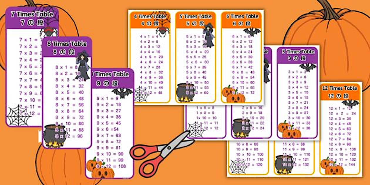 ハロウィンの九九カード Halloween Times Tables Cards Japanese English