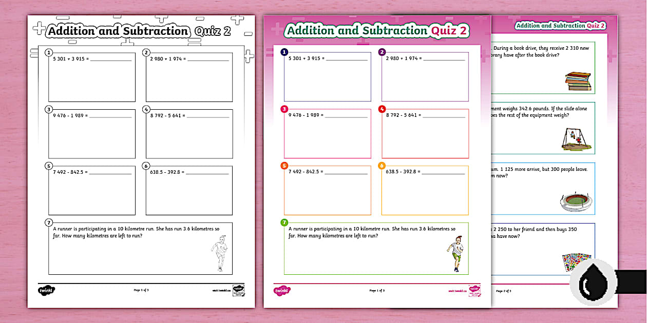 Grade 4 Addition and Subtraction Mini Assessment 2 - Twinkl