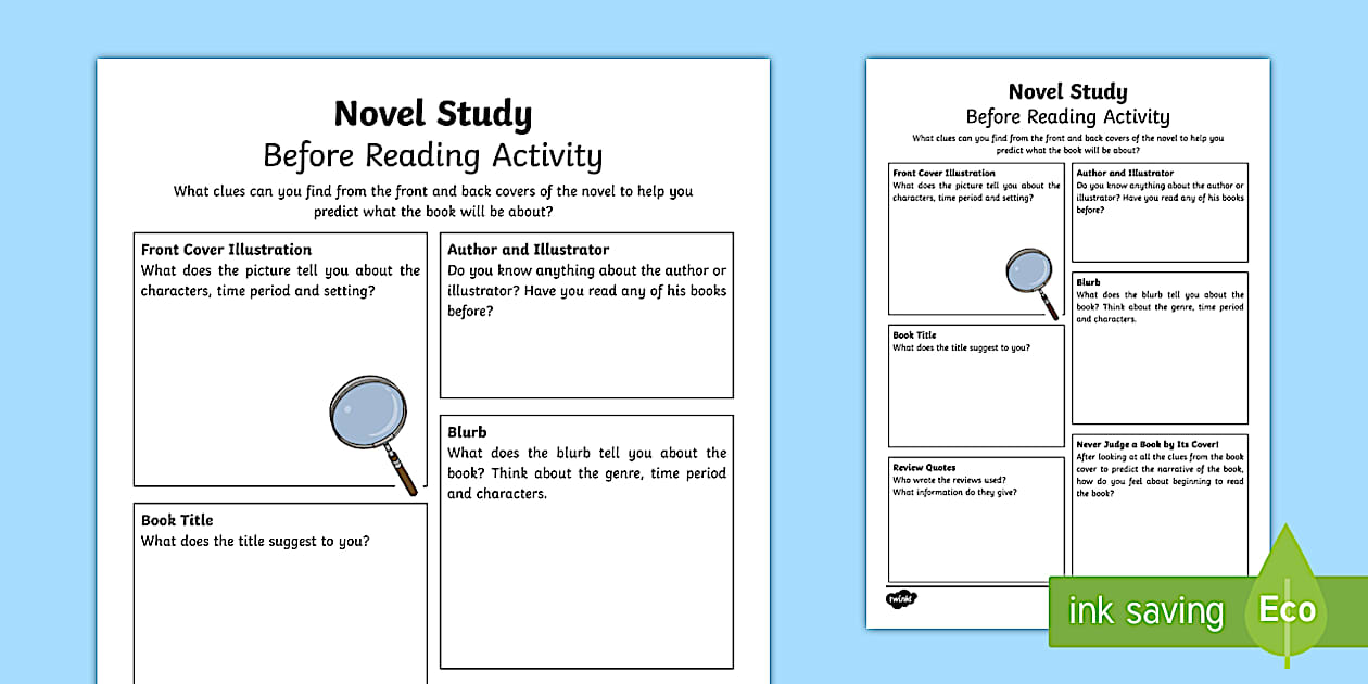 Editable Novel Study Before Reading Worksheet - Twinkl