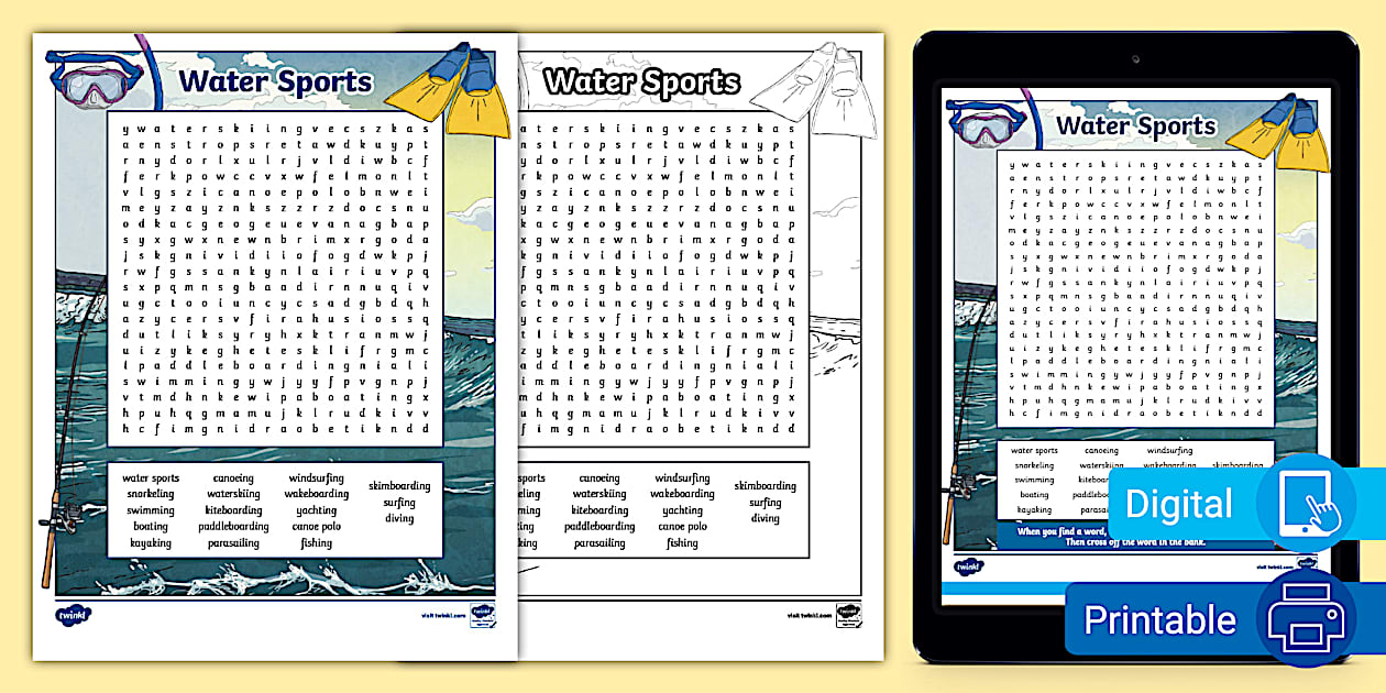 Water Sports Word Search for 6th-8th Grade