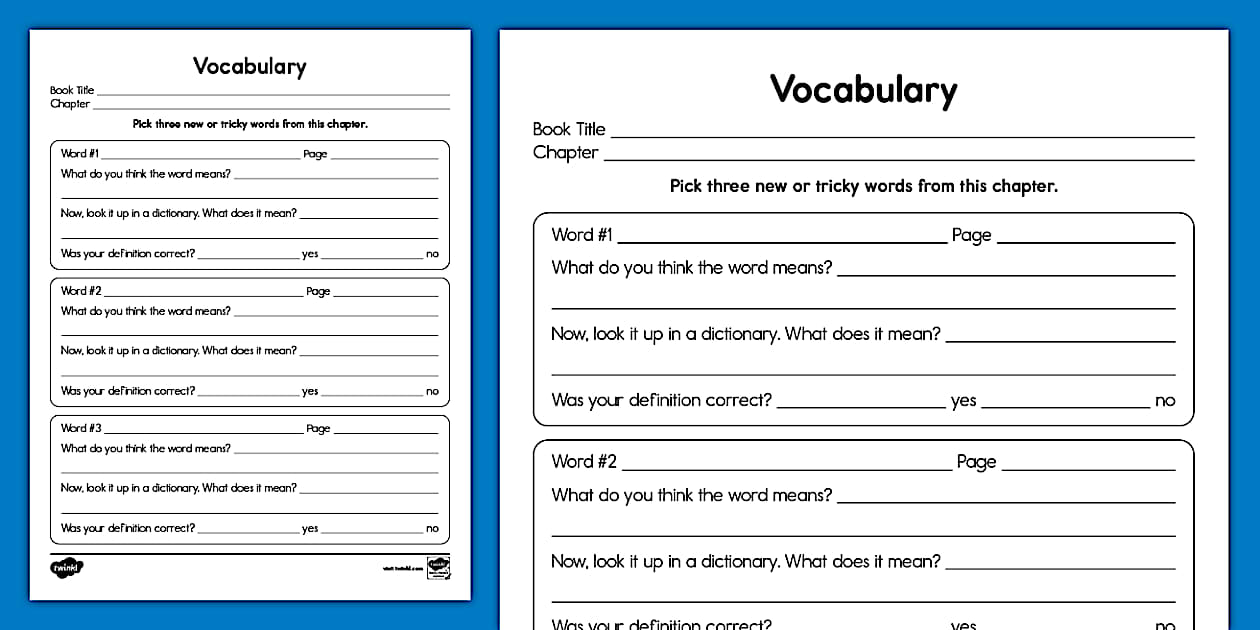 Vocabulary Worksheet for Any Chapter Book for 1st-2nd Grade