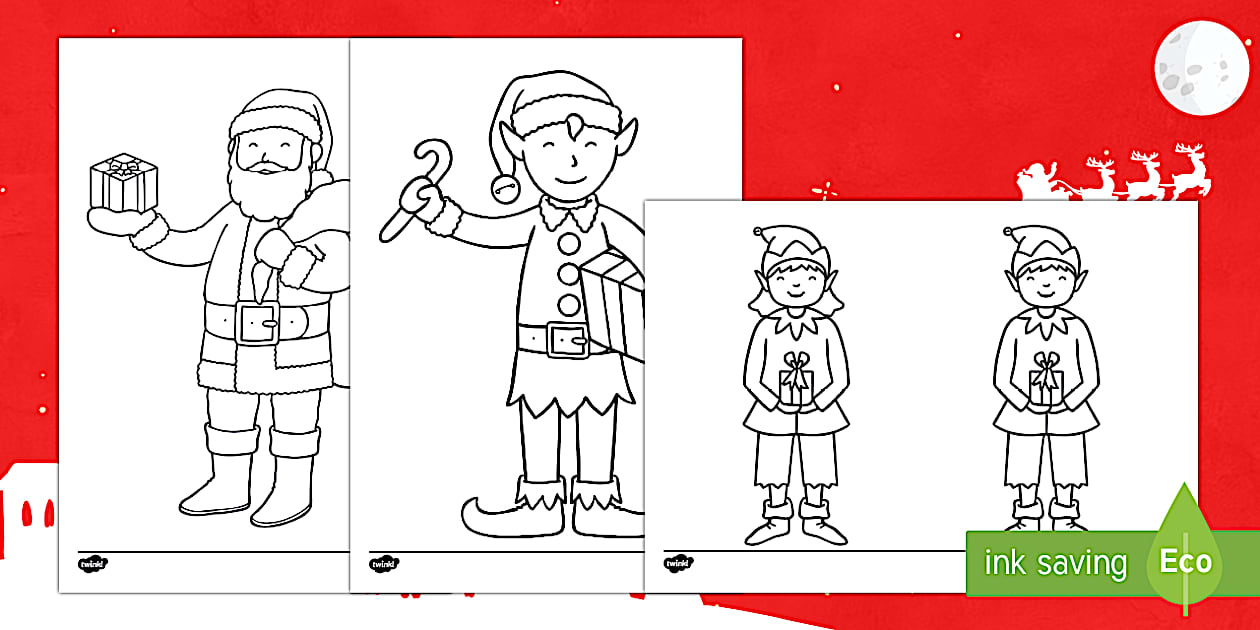Santa and His Elves Colouring Page (teacher made) - Twinkl