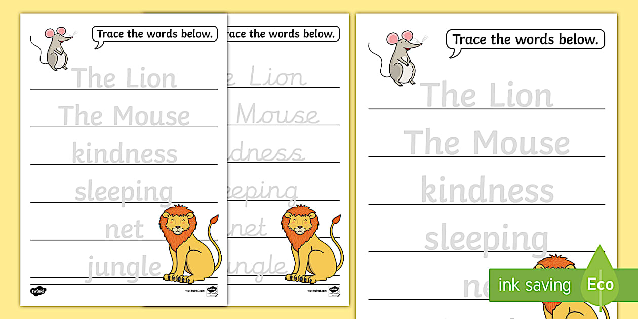 Cursive The Lion And The Mouse Trace the Words Worksheets