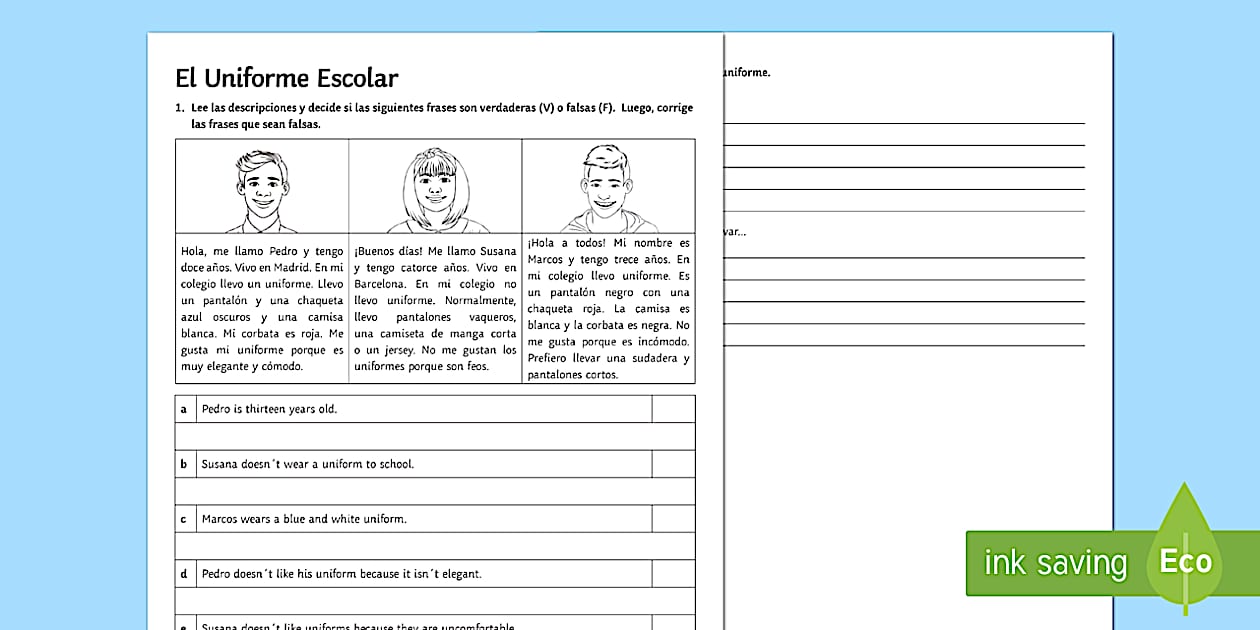 Editable School Uniform Reading Comprehension Worksheet Spanish