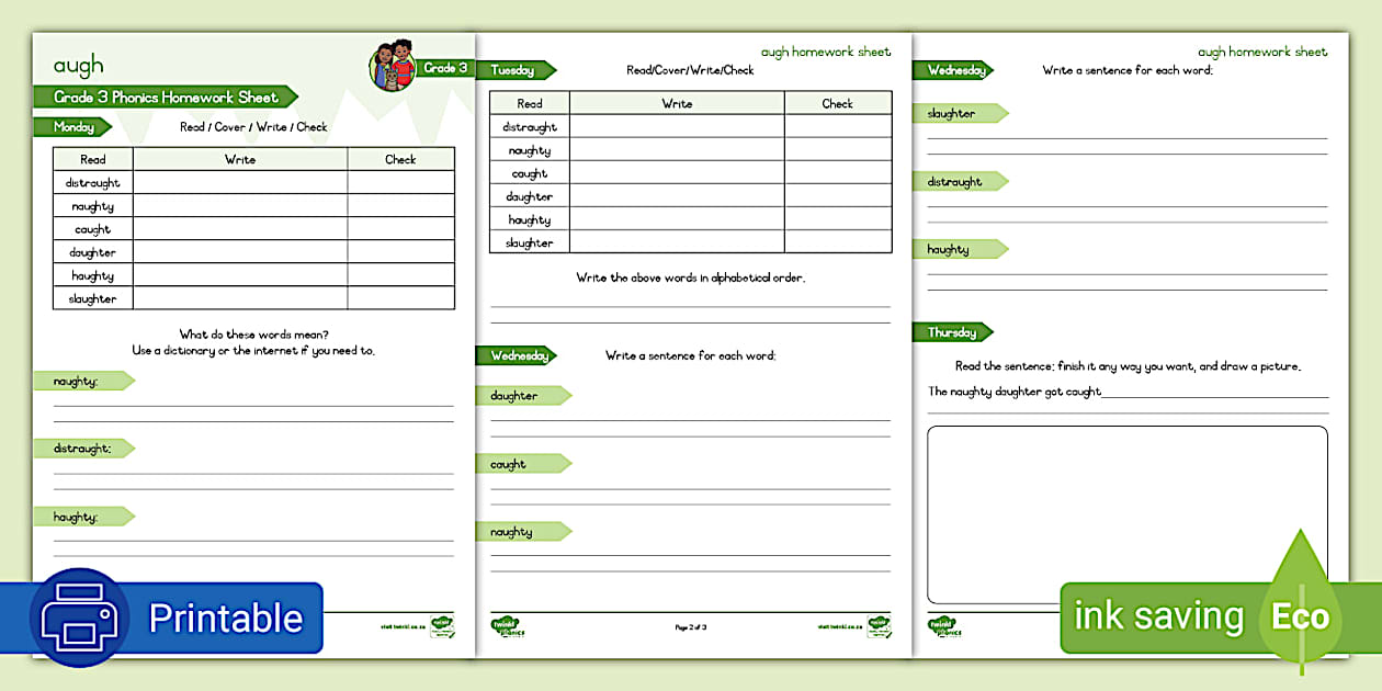 Grade 3 Phonics: augh Homework Sheet (teacher made) - Twinkl