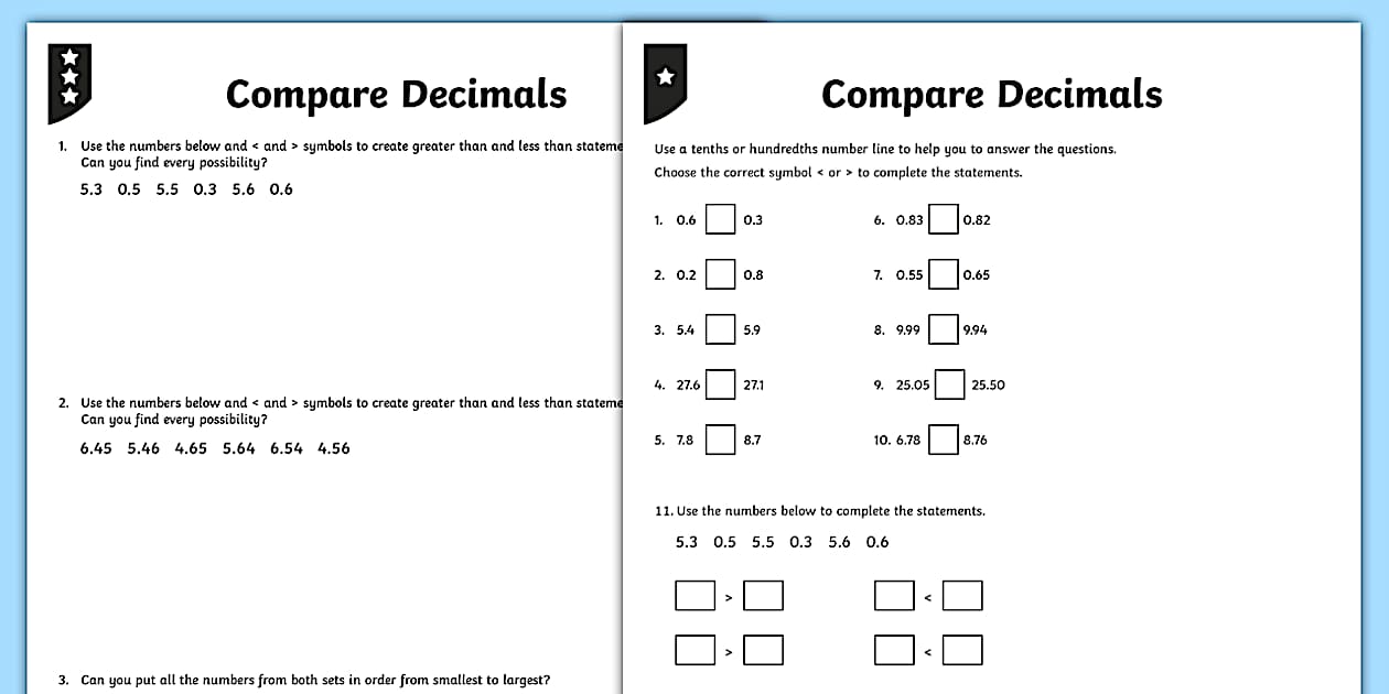 Higher Ability Comparing Decimals Differentiated Worksheets