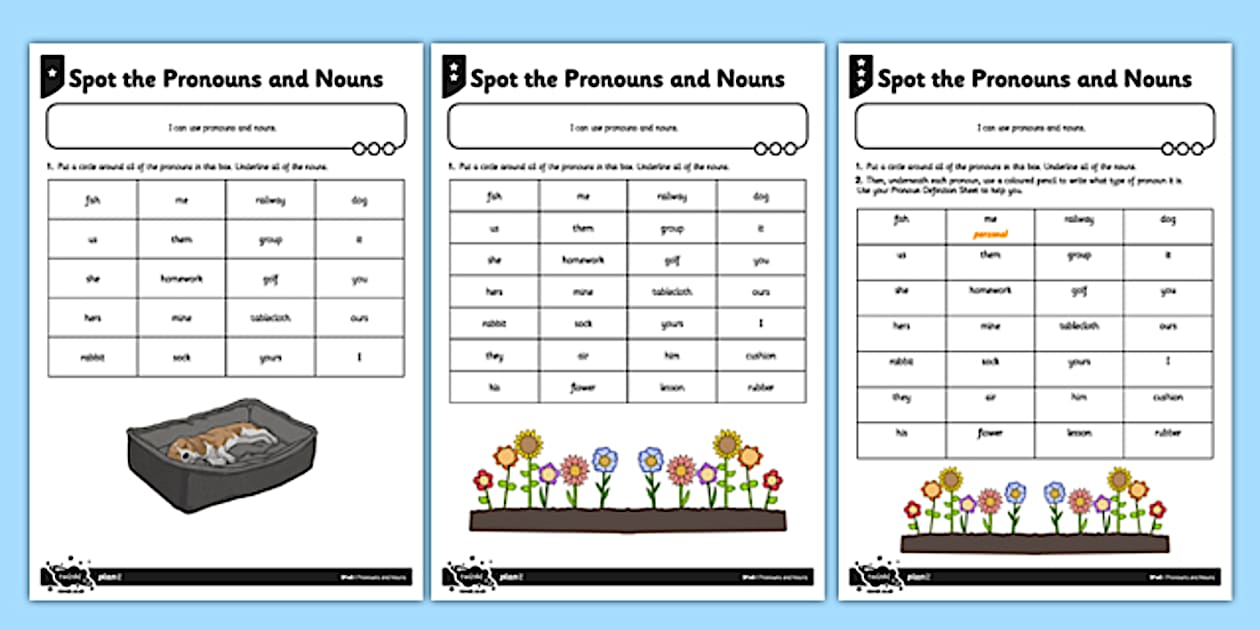 Spot the Pronouns and Nouns Differentiated Worksheets Pack