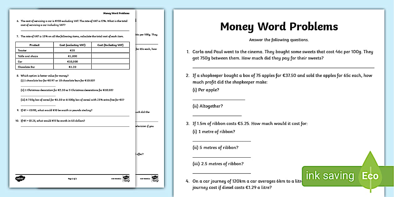 Money Solving Problems Worksheet | Junior and Senior Infants