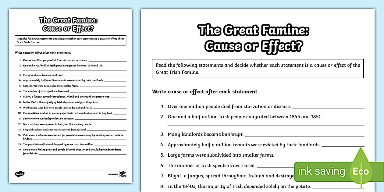 The Great Famine - Cause and Effect Worksheet
