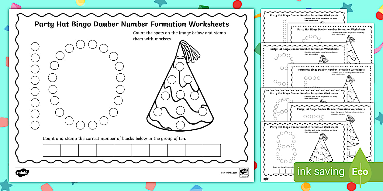Party Hat Bingo Dauber Worksheets | Number Formation | KS1