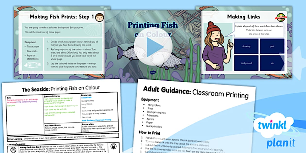 Art: The Seaside: Printing Fish on Colour UKS2 Lesson Pack 3