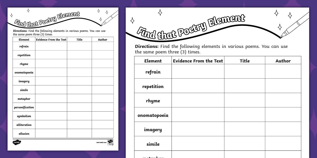 Find that Poetry Element Worksheet for 3rd-5th Grade