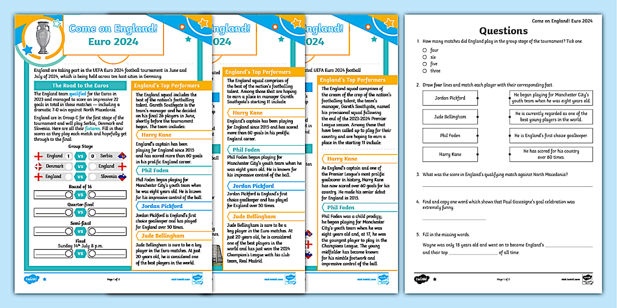 UKS2 Come on England! Euro 2024 Differentiated Reading Comprehension ...