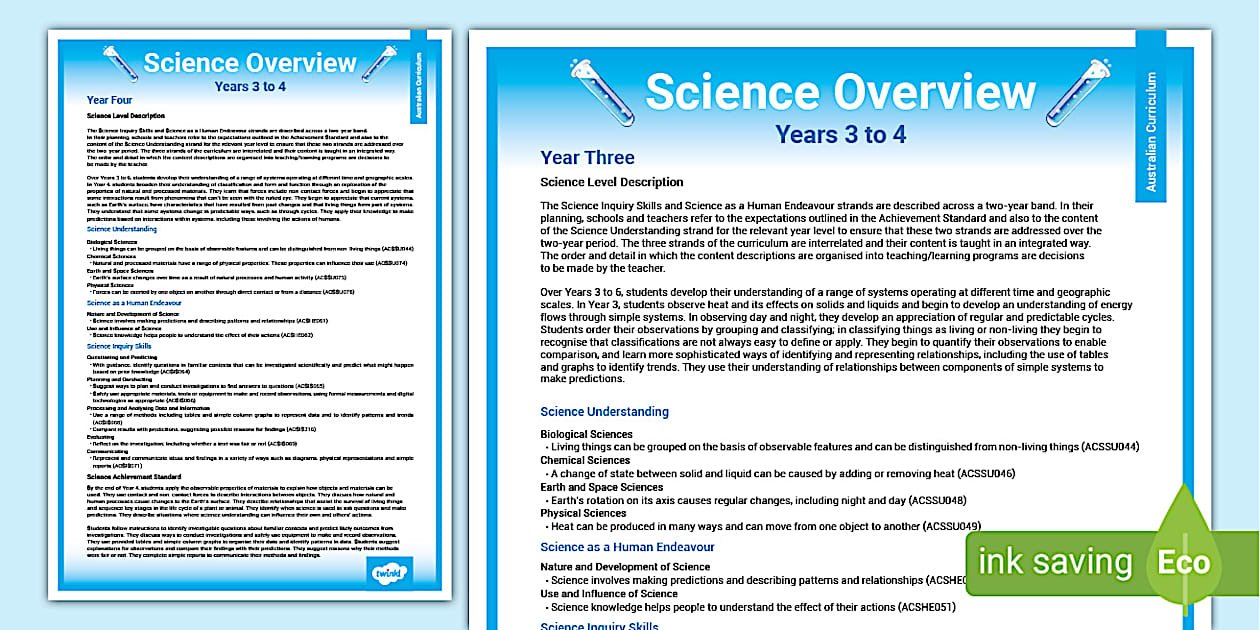 Australian Curriculum Year 3-4 Overview Science - australia